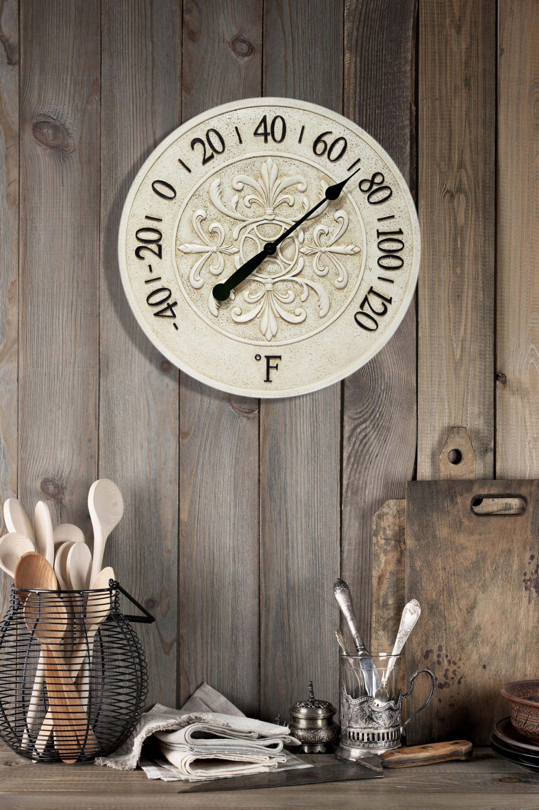 15 inch Blanc Fleur; Off-White Polyresin Wall Thermometer | Clock by Room